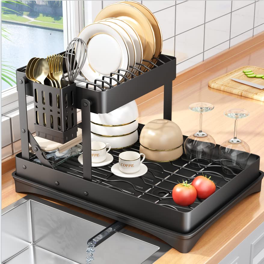 PXRACK Dish Drying Rack,Stainless Steel Dish Racks for Kitchen Counter Two Tier Collapsible Dish Racks for Storage Dishes Foldable Dish Drainer with Utensil Holder Organizer Dryer with Drainboard