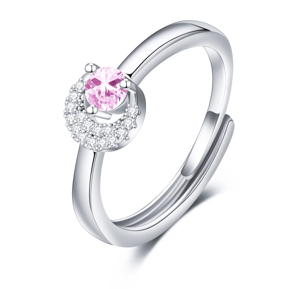 UEUC Moon Birthstone Ring for Women, 14K Silver Plated Crescent 5A Zircon Open Adjustable Ring, Wedding Engagement Statement Promise Ring(#10)