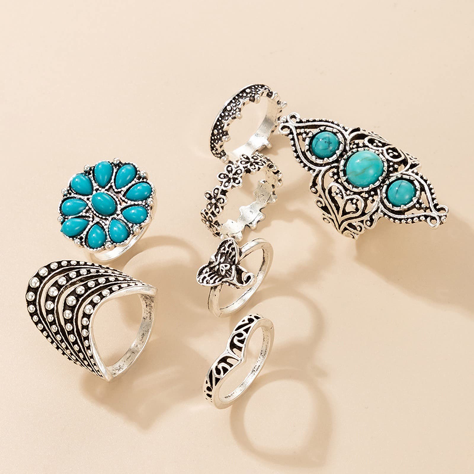 Vintage Turquoise Rings Set Women Western Rings Bohemian Silver Oval Gemstone Rings Boho Joint Knuckle Rings Midi Stacking Rings for Women