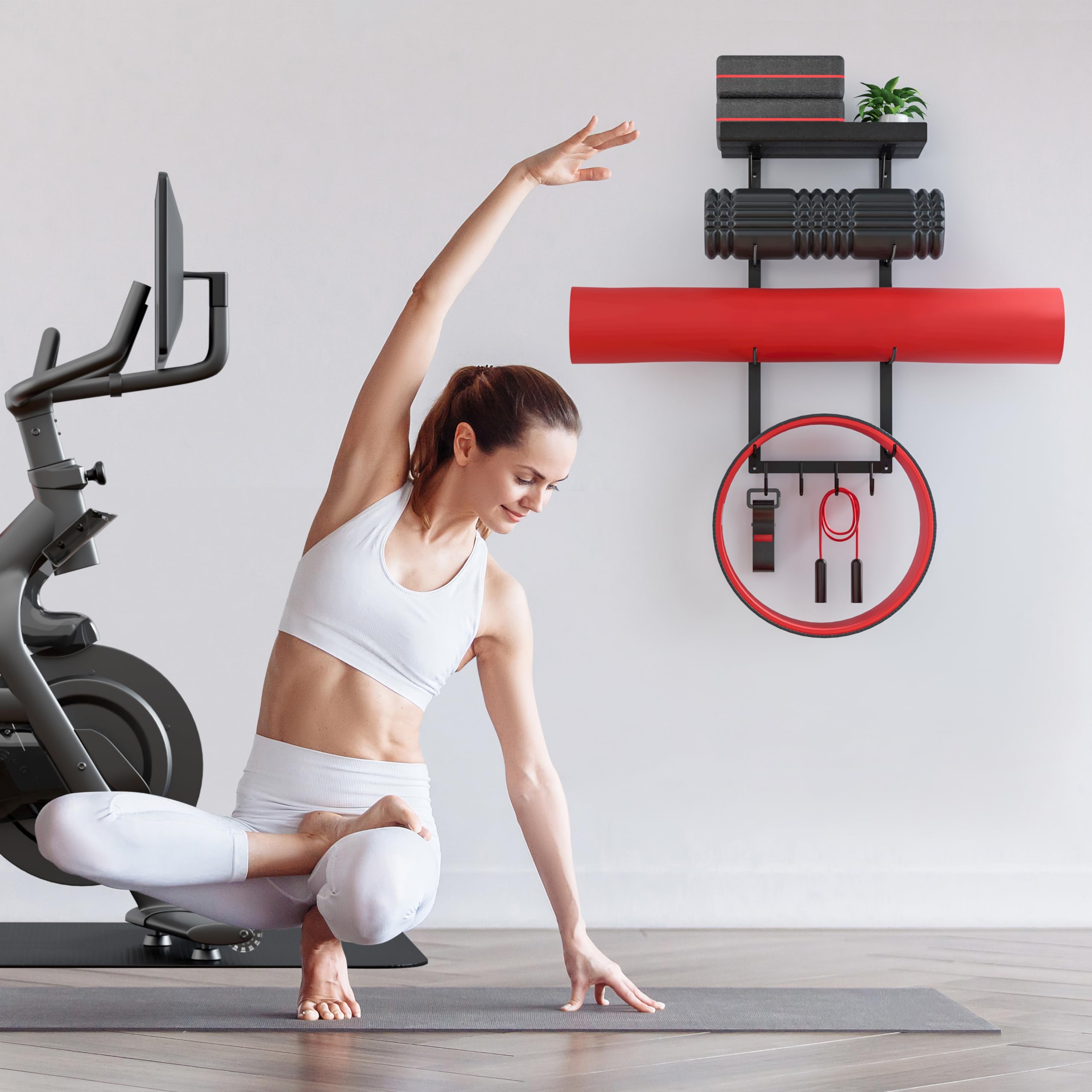 Yoga Mat Holder Wall Mount, Yoga Accessory Mat Storage Rack, Home Gym Accessories Organizer, Floating Shelf and Hooks for Hanging Foam Roller/Band/Workout Equipment at Pilates Fitness Class