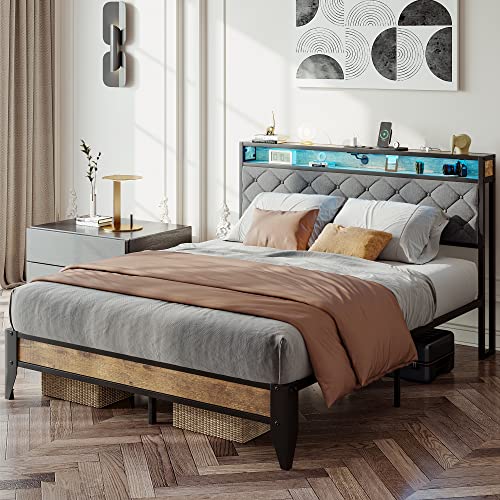 Osfvolr Full Size Bed Frame with Charging Station and LED Light, Platform Bed Frame with 2 Tier Storage Upholstered Linen Headboard, Heavy Duty Metal Structure, 12 inch Under Bed Storage, Noise Free