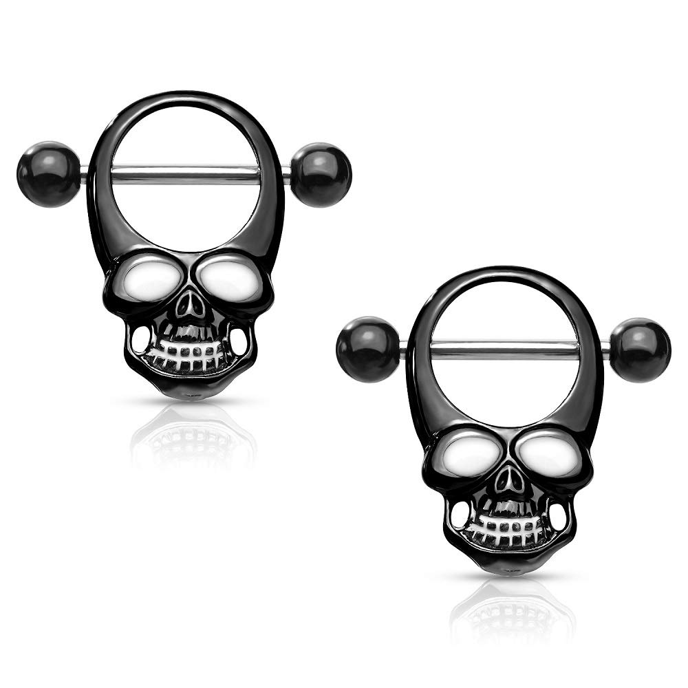 Pierced Owl 14G Stainless Steel Skull Head Nipple Shields, Sold as a Pair (Black)