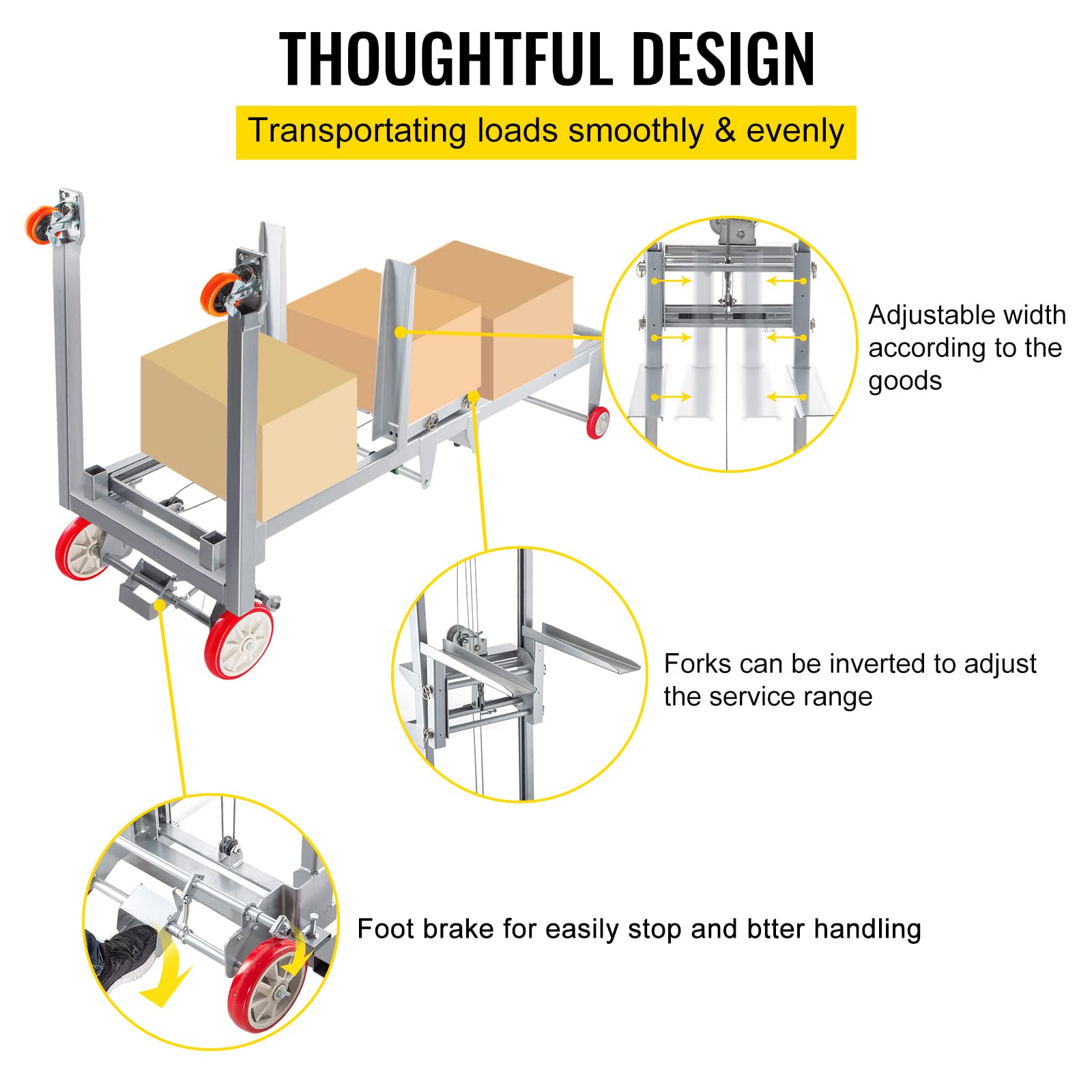 VEVOR Manual Winch Stacker, 41.7"L x 25.8"W Hand Winch Lift Trucks w/ 8.7" β 106.3" Height Range, with 441 lbs Capacity and Adjustable Straddle, Material Lifts for Warehouse and Factory