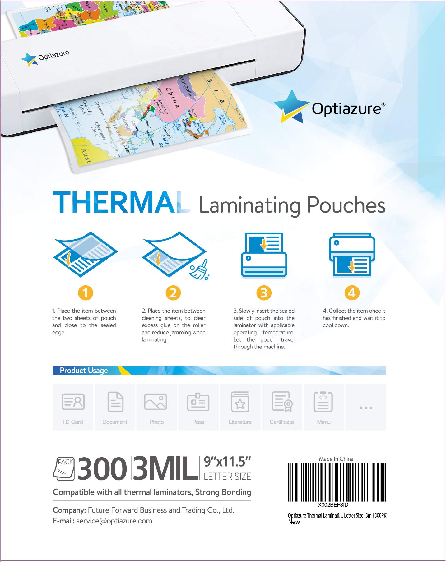 Optiazure Thermal Laminating Pouches 9"x11.5" Inches, 3mil 300Pack, Clear, Letter Size