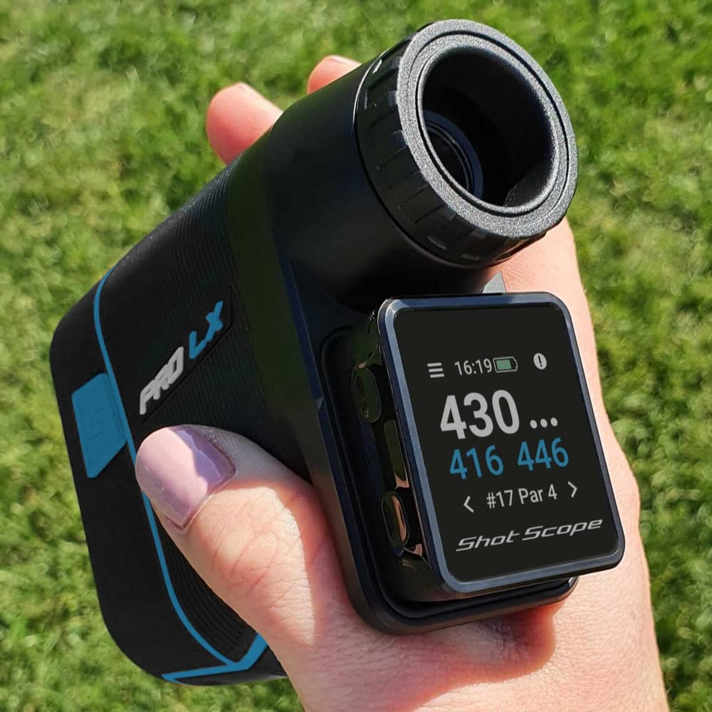 Shot Scope PRO LX+ Laser Rangefinder with Shot Tracking (Orange) - F/M/B Green and Hazard Distances - 100+ Statistics Including Strokes Gained - Adaptive Slope Technology - Red and Black Dual Optics