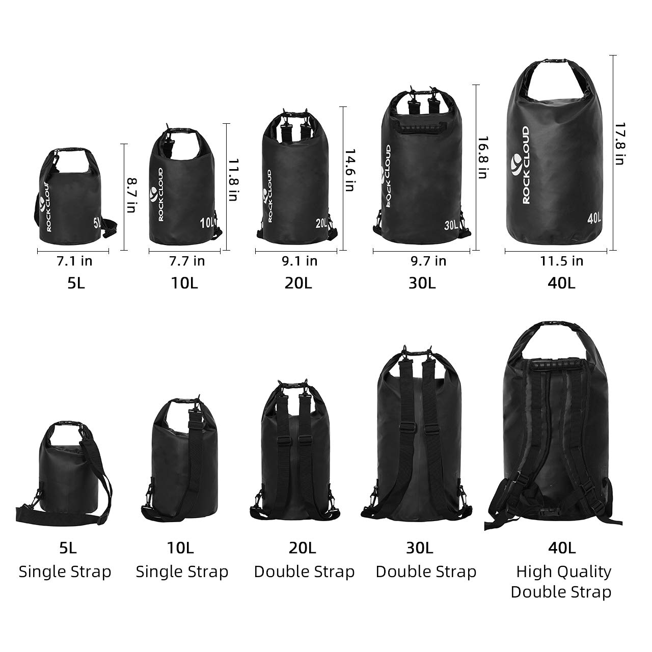 ROCK CLOUD Dry Bag Waterproof 20L Dry Sack for Kayaking Rafting Boating Beach Surfing Swimming Canoe Camping Hiking Fishing Ski, Black