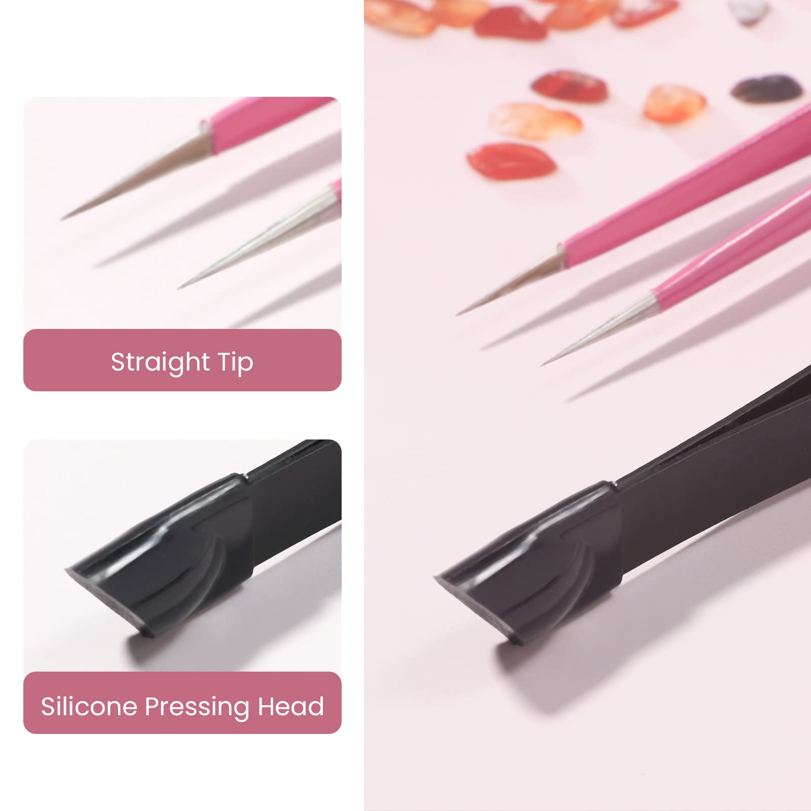 NUOMI 2 Pcs/Set Straight Nail Tweezers Probe Tips Metal Tweezers with Silicone Pressing Head for Nail Art, Picking Gems Rhinestones Acrylic Gel Stickers Eyelash Extensions