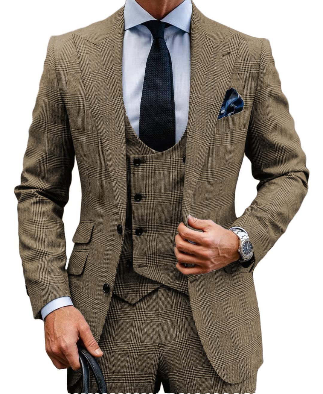MoranX Casual Men's Suits Regular Fit 3 Piece Double Breasted Wool Plaid Tuxedos Business Blazer+Vest+Pants WeddingâŚ(Gray,46R)