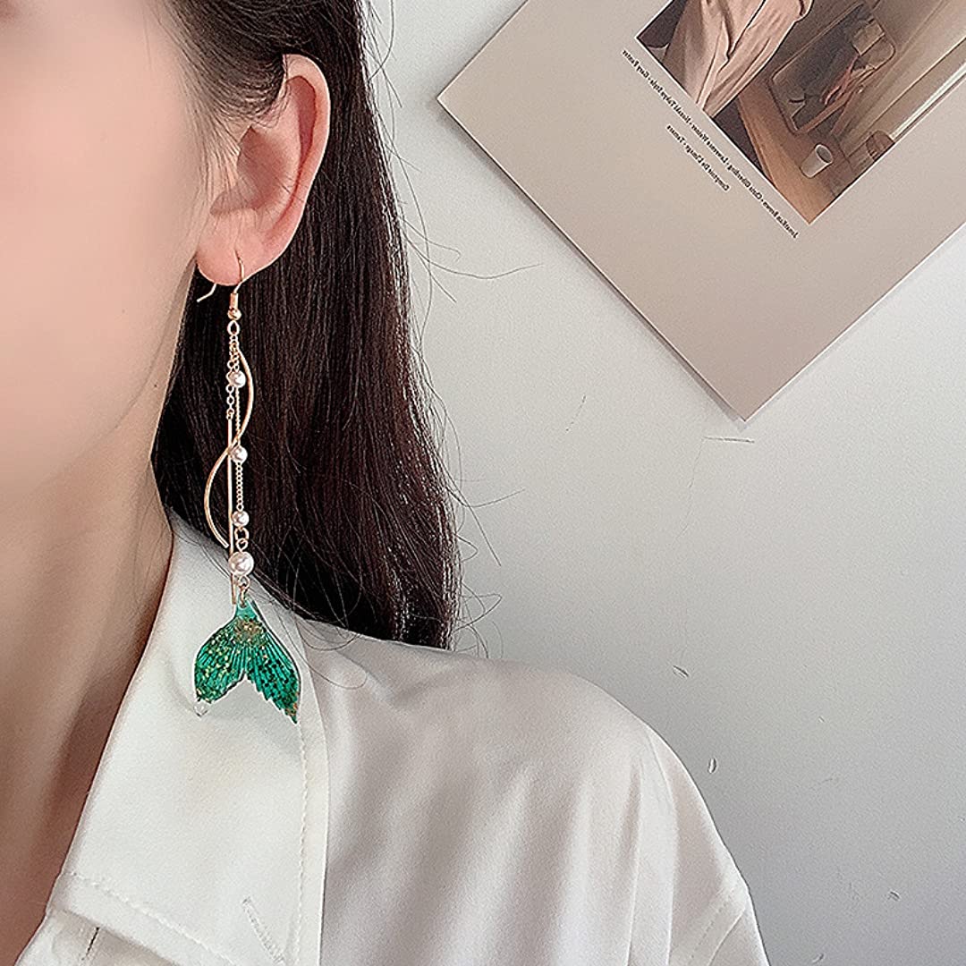 Sequins Mermaid Tail Earrings For Women Fantasy Ocean Princess Earrings Tassel Earrings Creative Ear Hook Translucent Fishtail Pendant Pearl Earrings