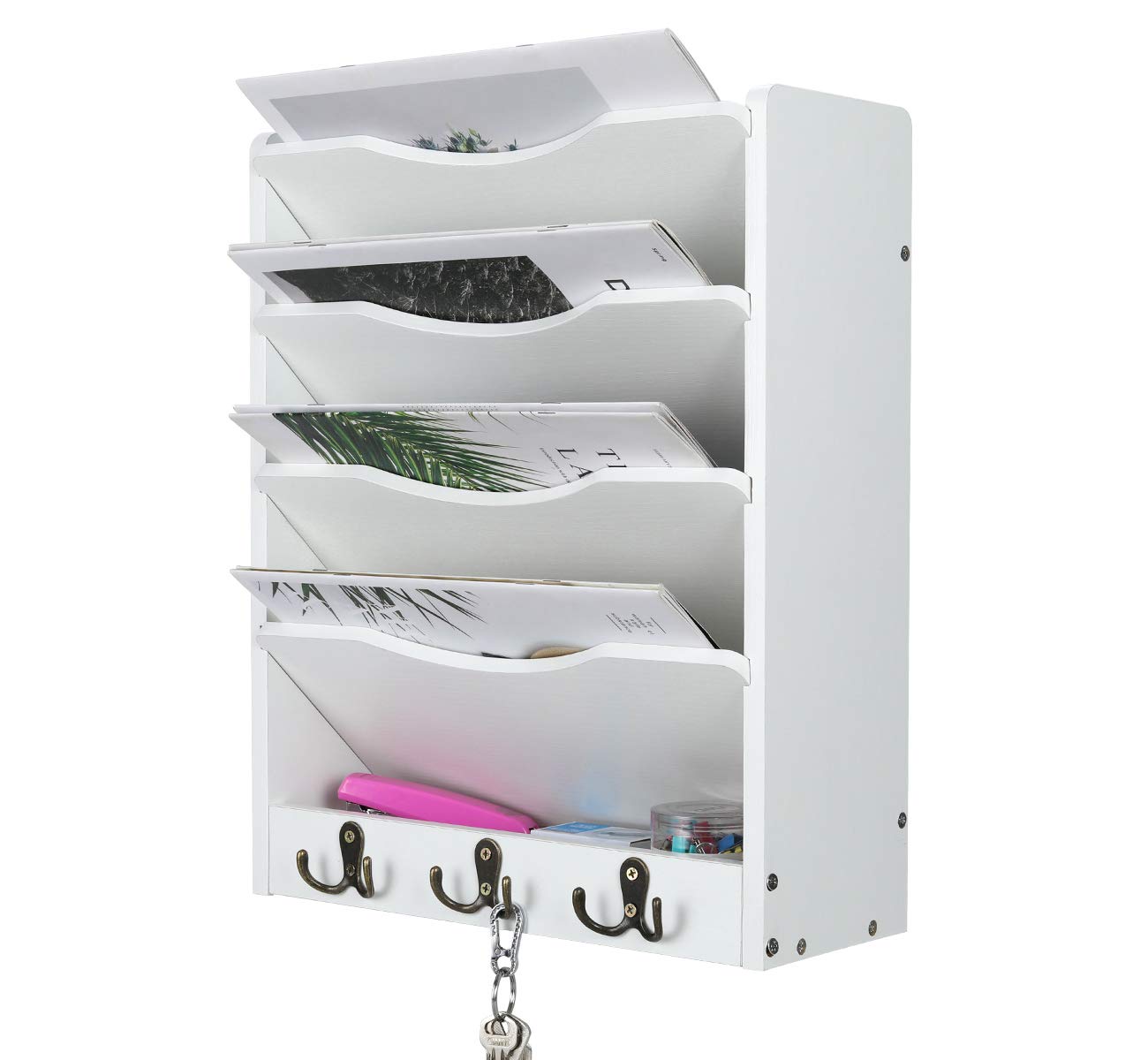 PAG 5-Tier Wall File Holder Hanging Mail Organizer Wood Magazine Literature Rack with 6 Hooks, White