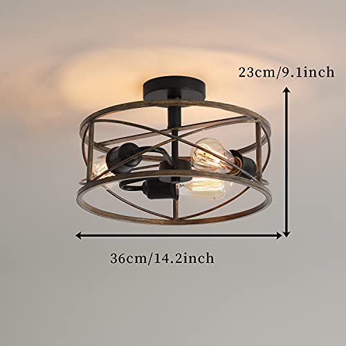 PUSU Ceiling Light Fixture,Industrial Semi Flush Mount Ceiling Light with Metal Wooden Cage and Matte Black Ceiling Lights for Living Room Kitchen Dining Room Bedroom Hallway