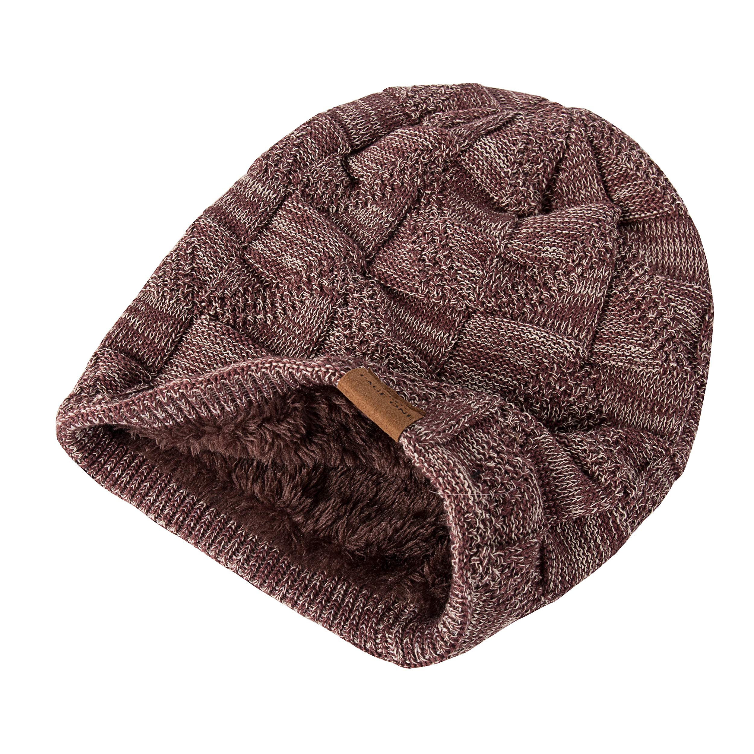 PAGE ONE Mens Winter Slouchy Beanie Warm Fleece Lined Skull Cap Baggy Cable Knit Hat Red Coffee