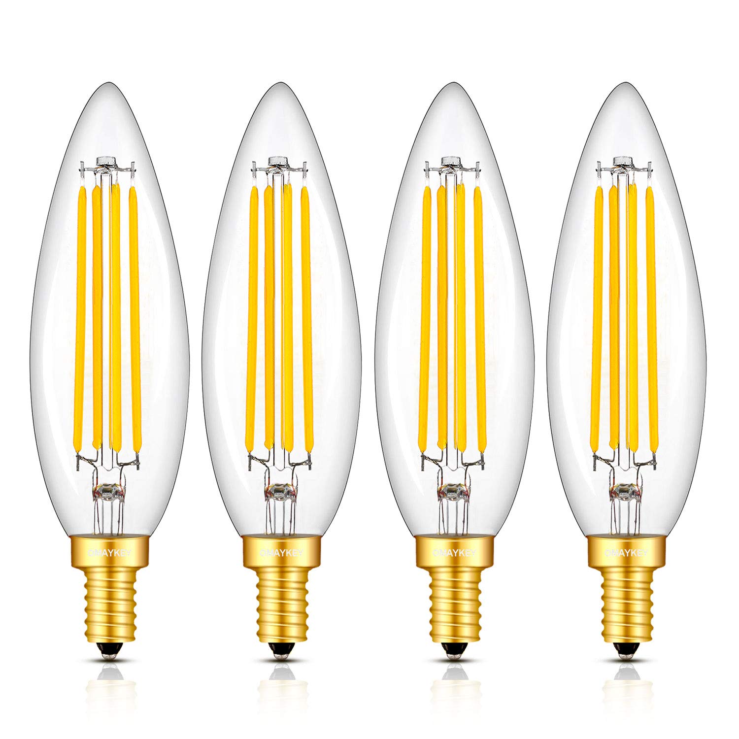 OMAYKEY 8W Lengthened LED Candelabra Bulb 3000K Soft White, 80W Equivalent 800LM Dimmable, E12 Base Vintage Edison B11 Lengthened Candle Clear Glass LED Chandelier Light Bulbs, Pack of 4