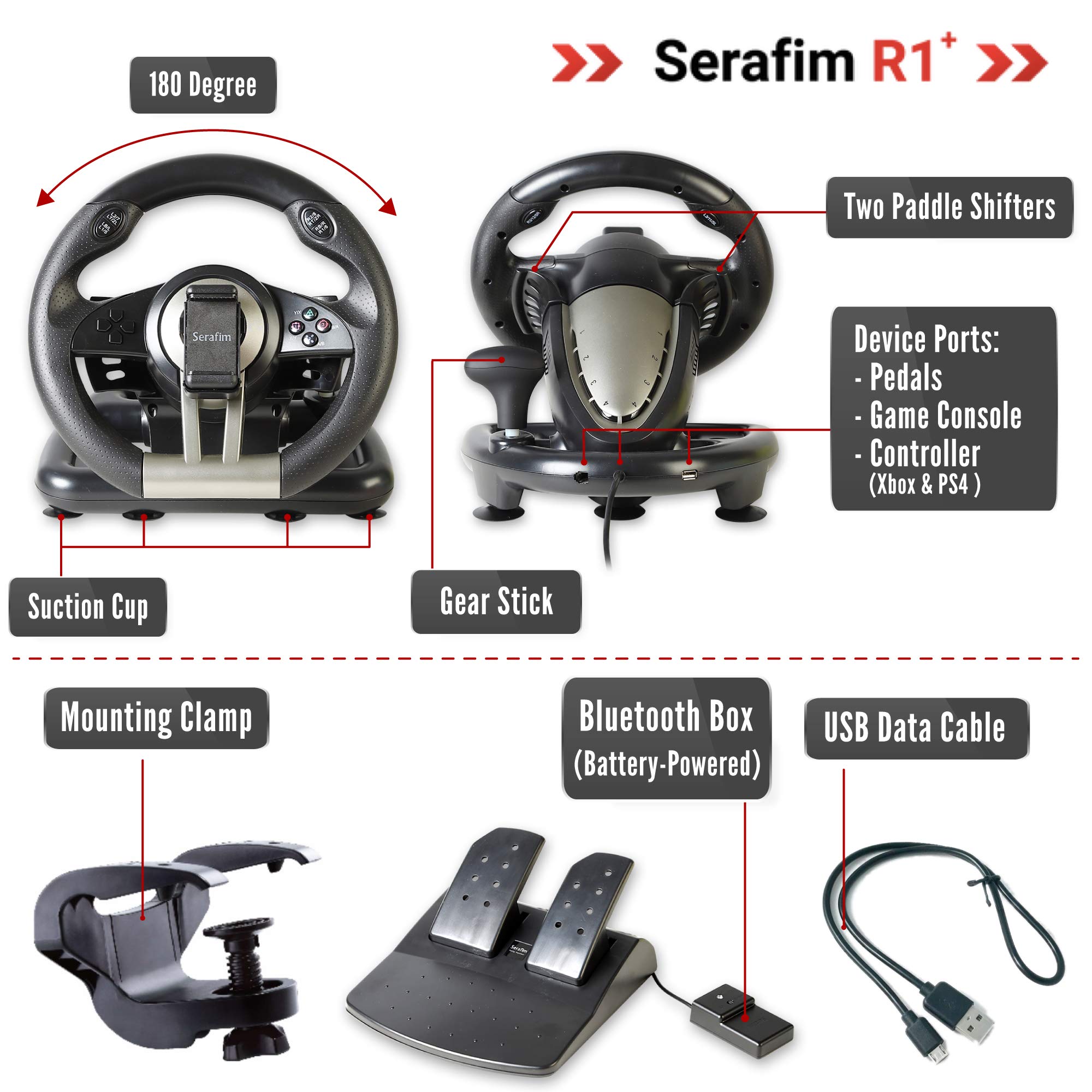 Serafim Gaming Wheel fully supports : XBOX ONE, XBOX Series X&S, PS4, PS3, Switch, PC, iOS, Android -PS4 Steering Wheel, PC Gaming Wheel