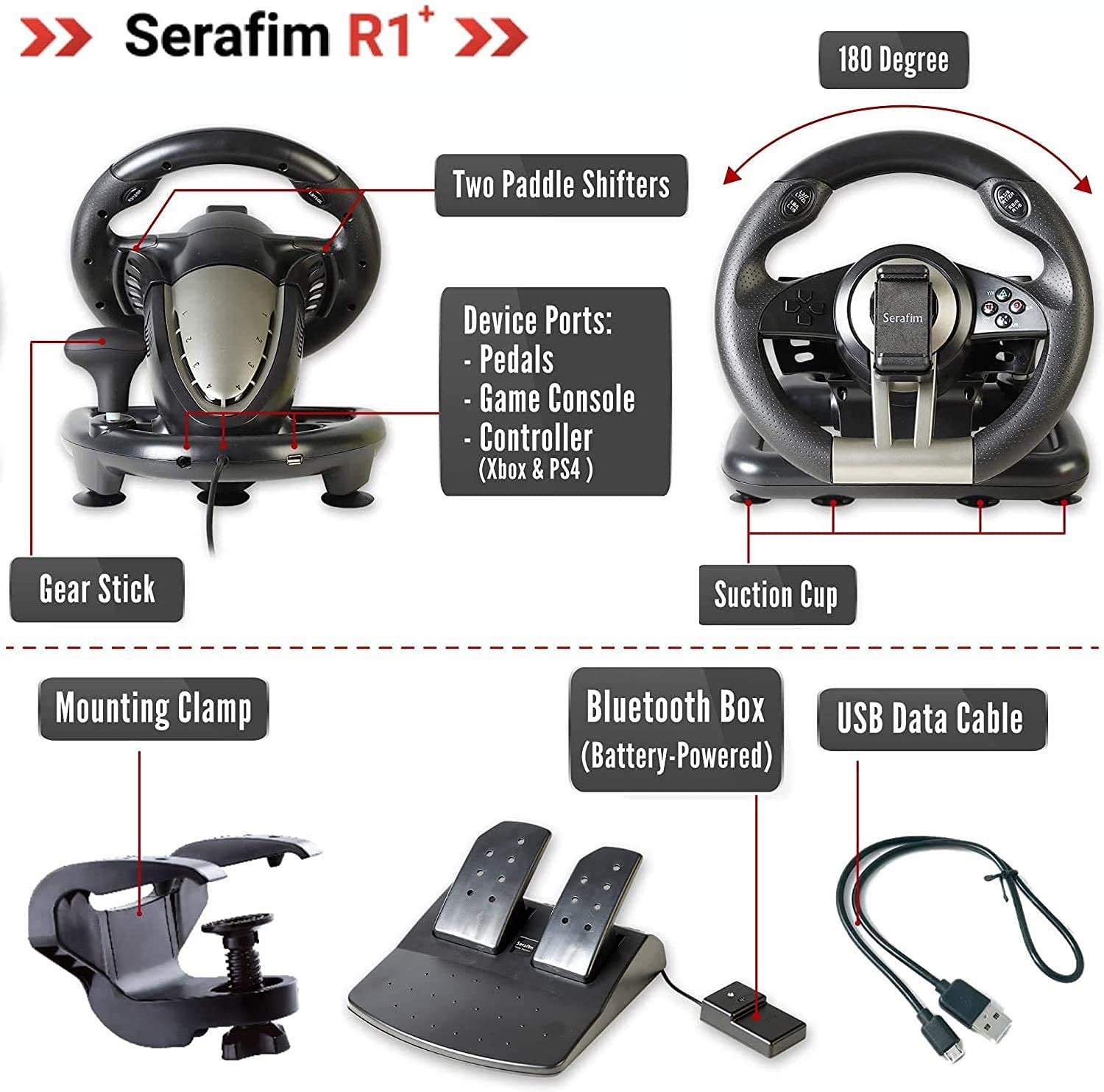 Serafim R1+ Racing Wheel 2021 Ver. - Steering Wheel with Sensitive Pedal – fully supports : XBOX ONE, XBOX Series X&S, PS4, PS3, Switch, PC, iOS, Android - Xbox One Steering Wheel, PS4 Steering Wheel, PC Gaming Wheel