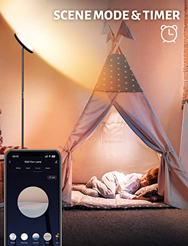 Smart RGB Floor Lamp Works with Alexa Google Home, App Remote & Touch Control, Million Colors Changing & Dimmable, Music Sync Timmer Angle Adjustable Modern Tall Standing Lamp for living room, bedroom