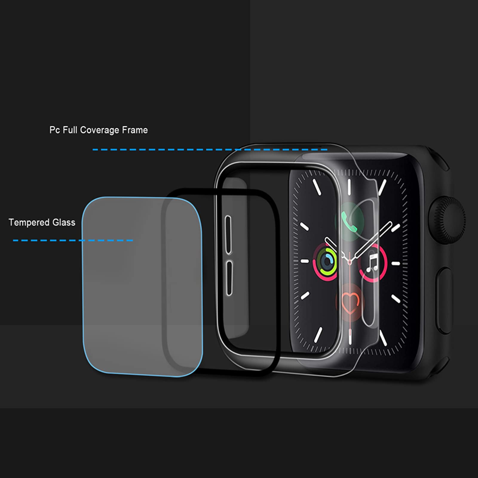 Sobrilli 4 Pack Case Tempered Glass Screen Protector Compatible with iWatch 38mm Series 3/2/1, Hard PC Bumper Case Protective Cover Frame Compatible with iWatch 38mm (Black/Rose Pink/Silver/Clear)