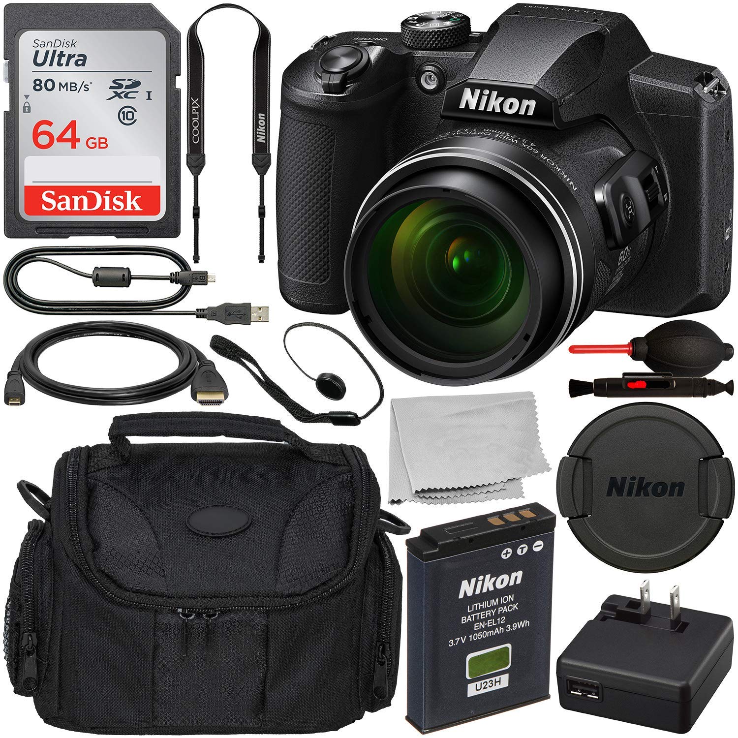 Nikon COOLPIX B600 Digital Camera (Black) with Starter Accessory Bundle – Includes: SanDisk Ultra 64GB SDXC Memory Card + Carrying Case (Medium) + Micro HDMI to HDMI Cable (A-D) + More (Renewed)