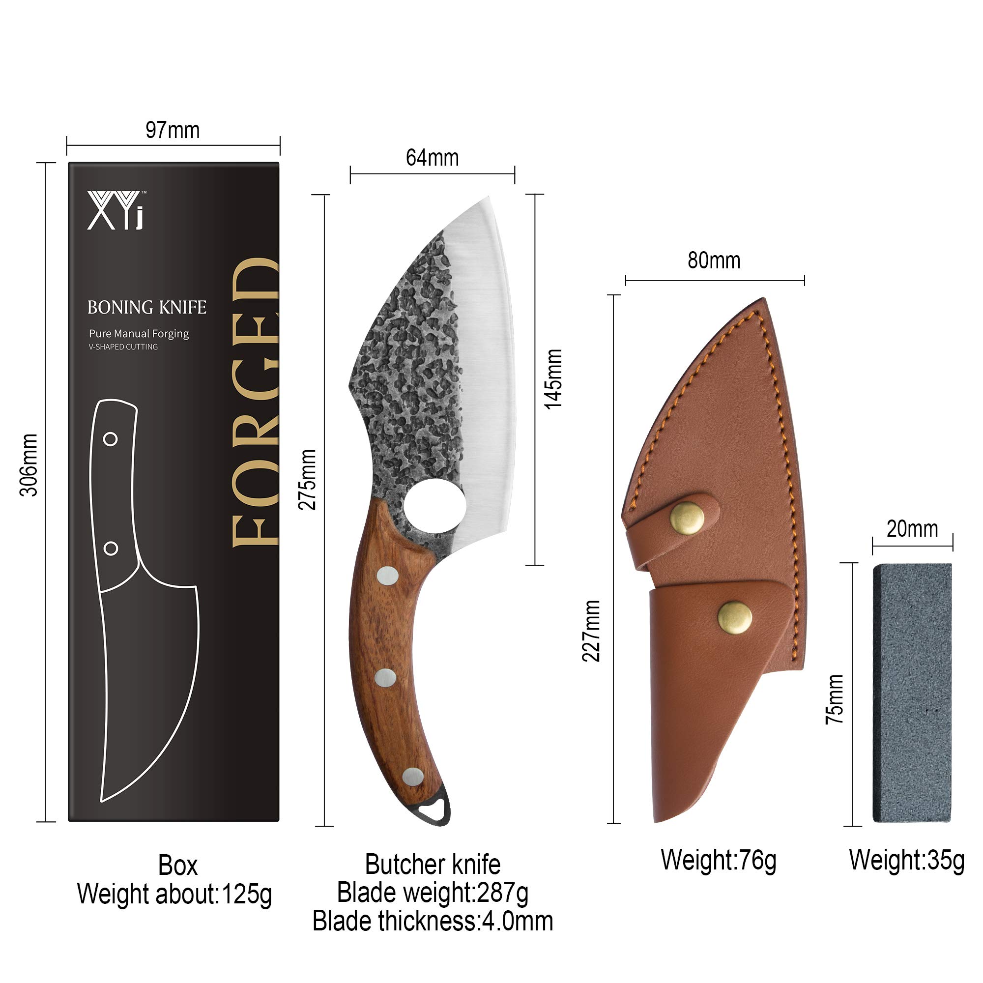 XYJ 6 inch Boning Knife Full Tang Handmade Forging Carving Knife 4Cr13 Stainless Steel Blade with Soft Leather Sleeves for Carrying Out