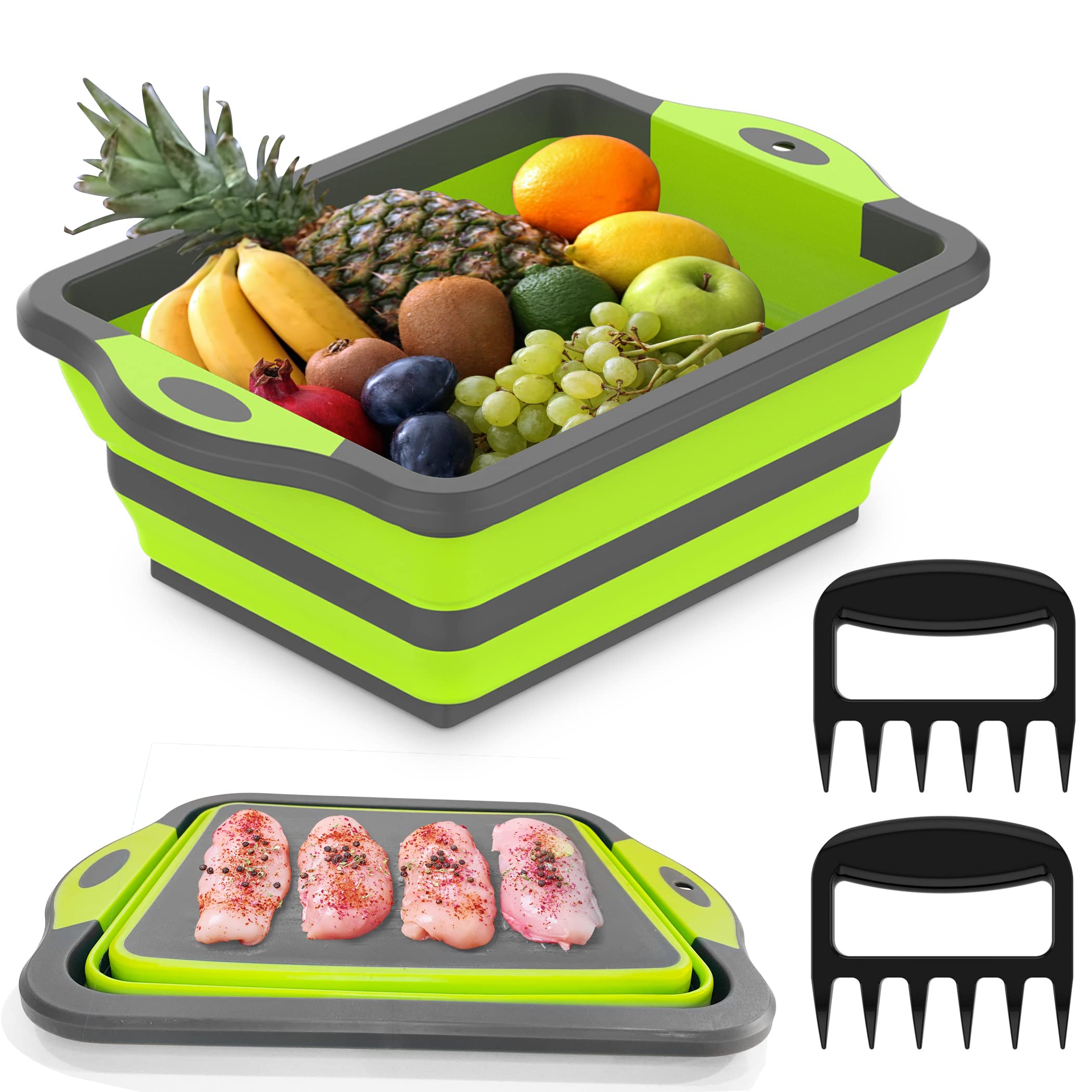 SNUG VIBES BBQ Prep Tub - Collapsible Chopping Board with Meat Shredder Claws - Food Grade Plastic and Silicone Collapsible Wash Basin for Seasoning, Meat, Veggies β Meat Cutting Board - Camp Kitchen