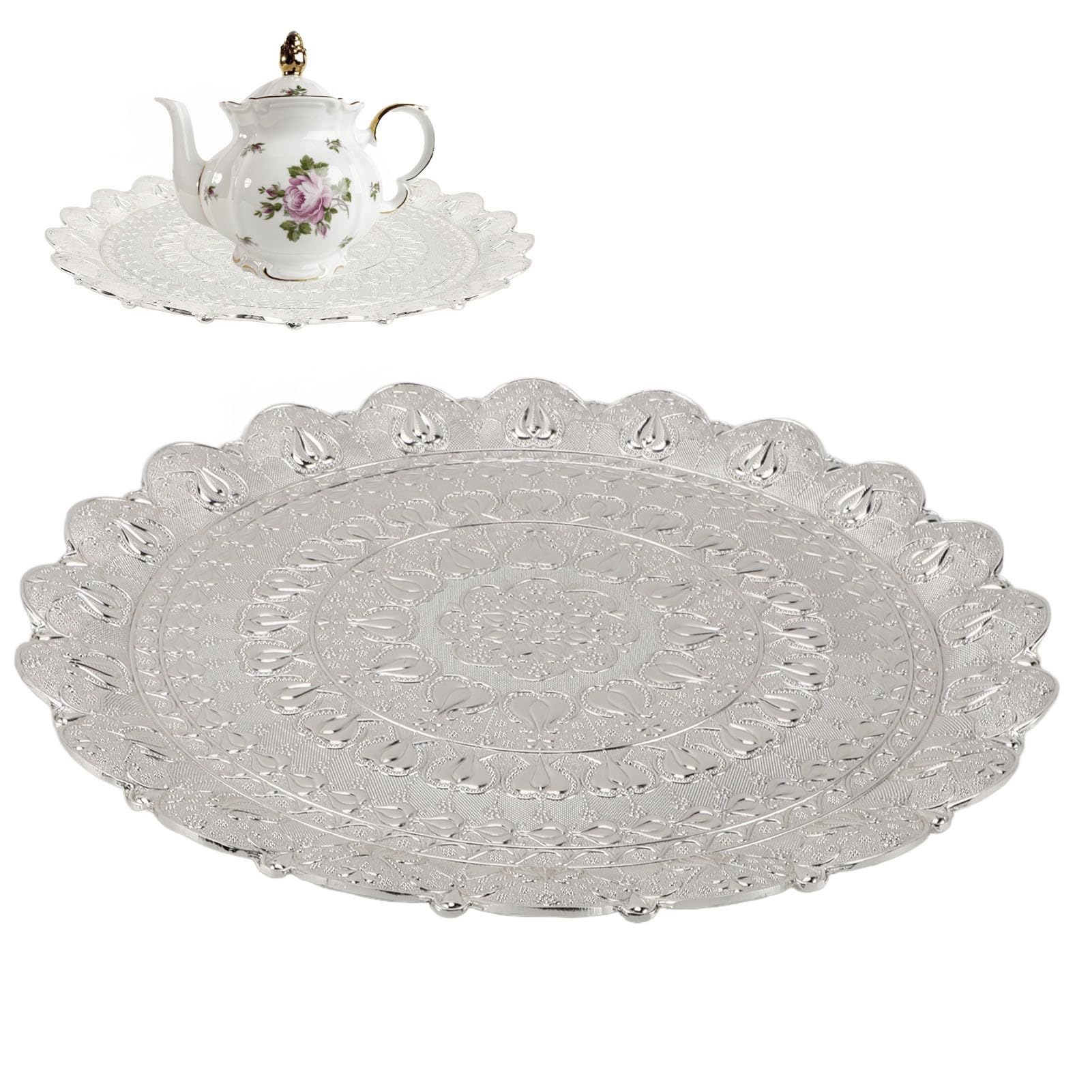 Turkish Tea Coffee Serving Tray Food Trays Vintage Style Embossed Pattern Round Coffee Plate for Bar Outdoor Dessert (Silver)