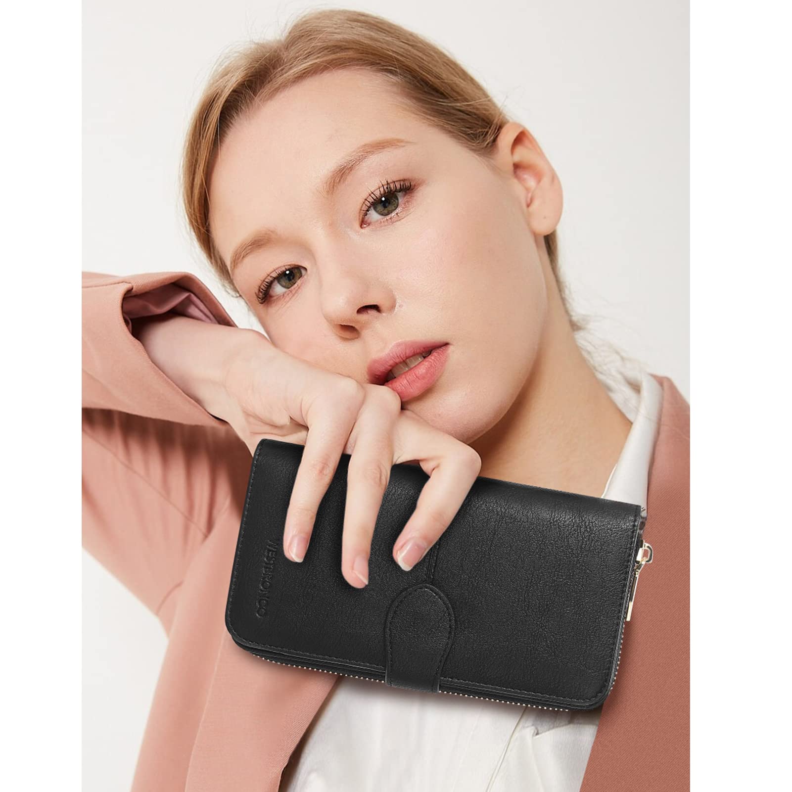 WESTBRONCO Women's Wristlet Handbags Leather Wallet Bifold Ladies Cluth Credit Card Holder Black