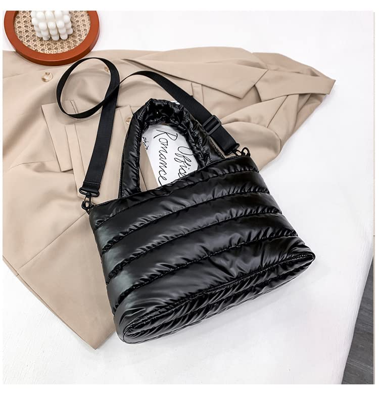UMRFNO Puffer Tote Bag, Quilted Tote Bag for Women Luxury Shoulder Bag Down Winter Handbag Top Handle Bag Pillow Bag (Black)