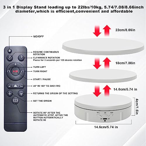 Remote Motorized Rotating Display Stand,3 in 1 Turntable Motorized White Lazy Susan with 5.74/7.08/8.66 inch Replacement Cover for Photography Products and Craft Shows(3 Modes