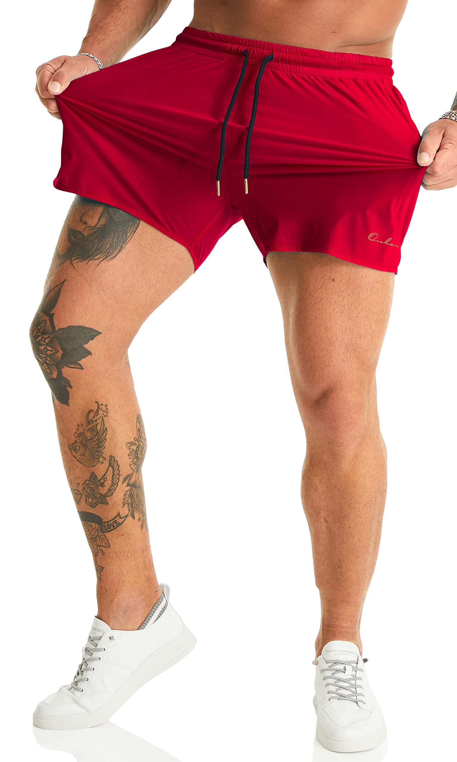 Ouber Men's Light Athletic Short Workout Quick Dry Shorts for Running Swimming Gym Training Shorts Red,M