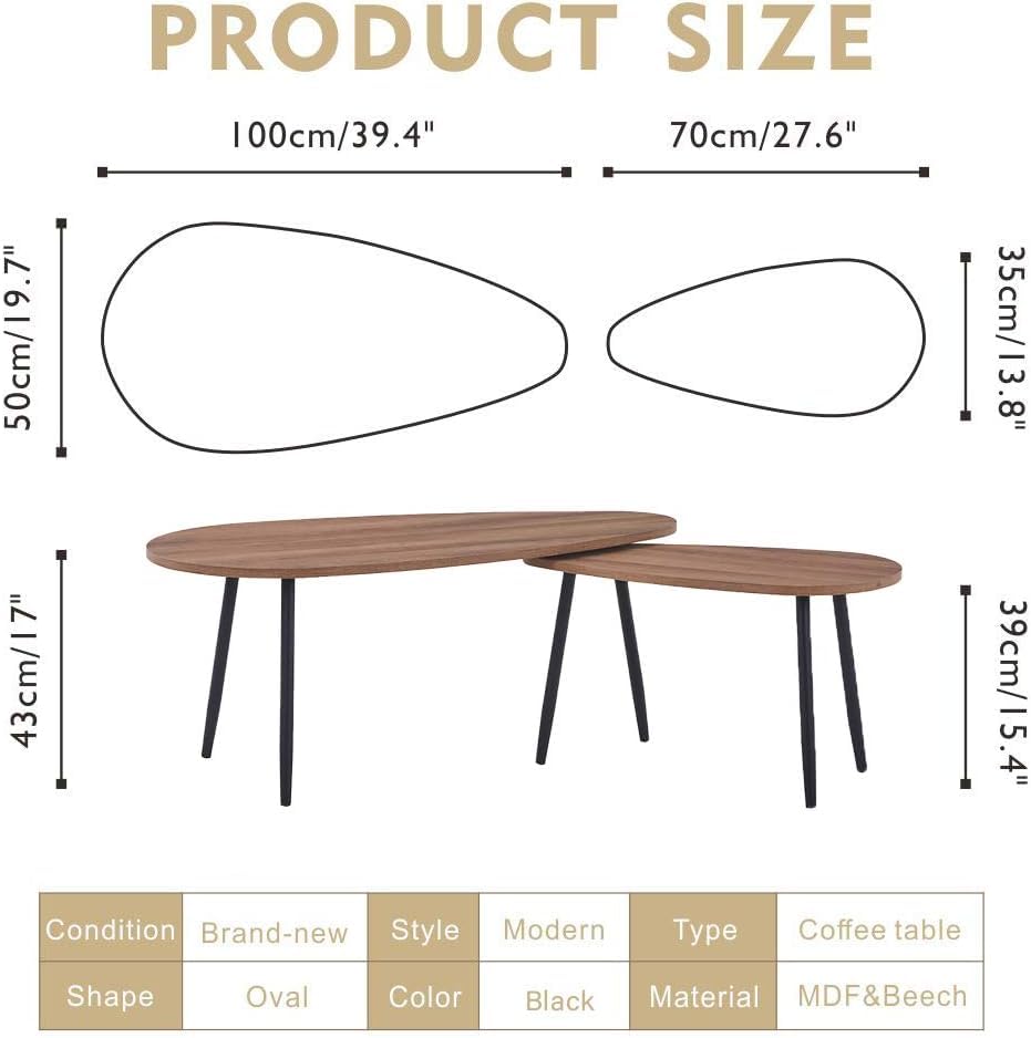 NIERN Nesting Coffee Table Set of 2, Wood Stacking Sofa Side Table for Living Room Office (Deep)