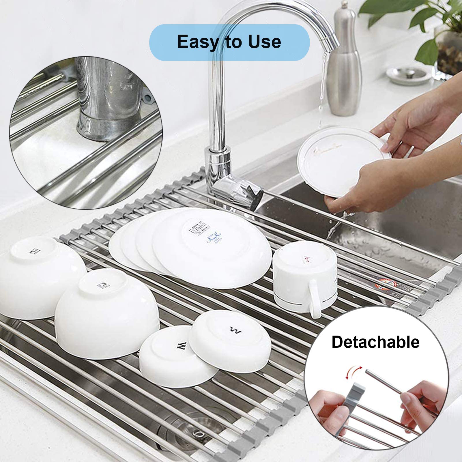 Searik Extra Large 20.5"x19.7" Dish Drying Rack Roll Up Sink Drying Rack, Over The Sink Dish Rack Multi-Use Stainless Steel Dish Drainers Heat Resistant Mat for Drying Draining Trivet