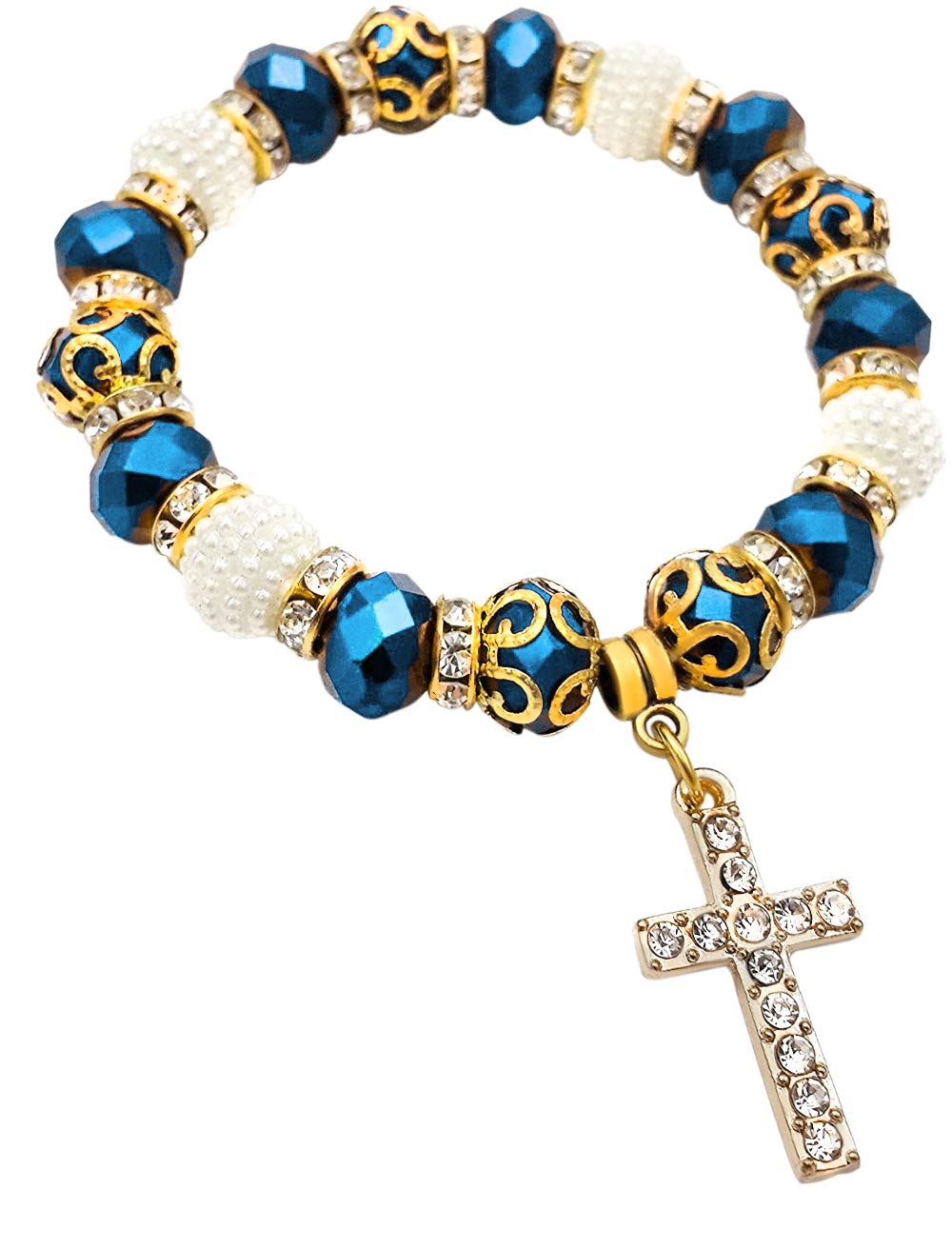 Nazareth Store Catholic Crystallized Cross Deep Blue Crystal Beads Wrist Rosary Bracelet Adjustable Elastic Bangle