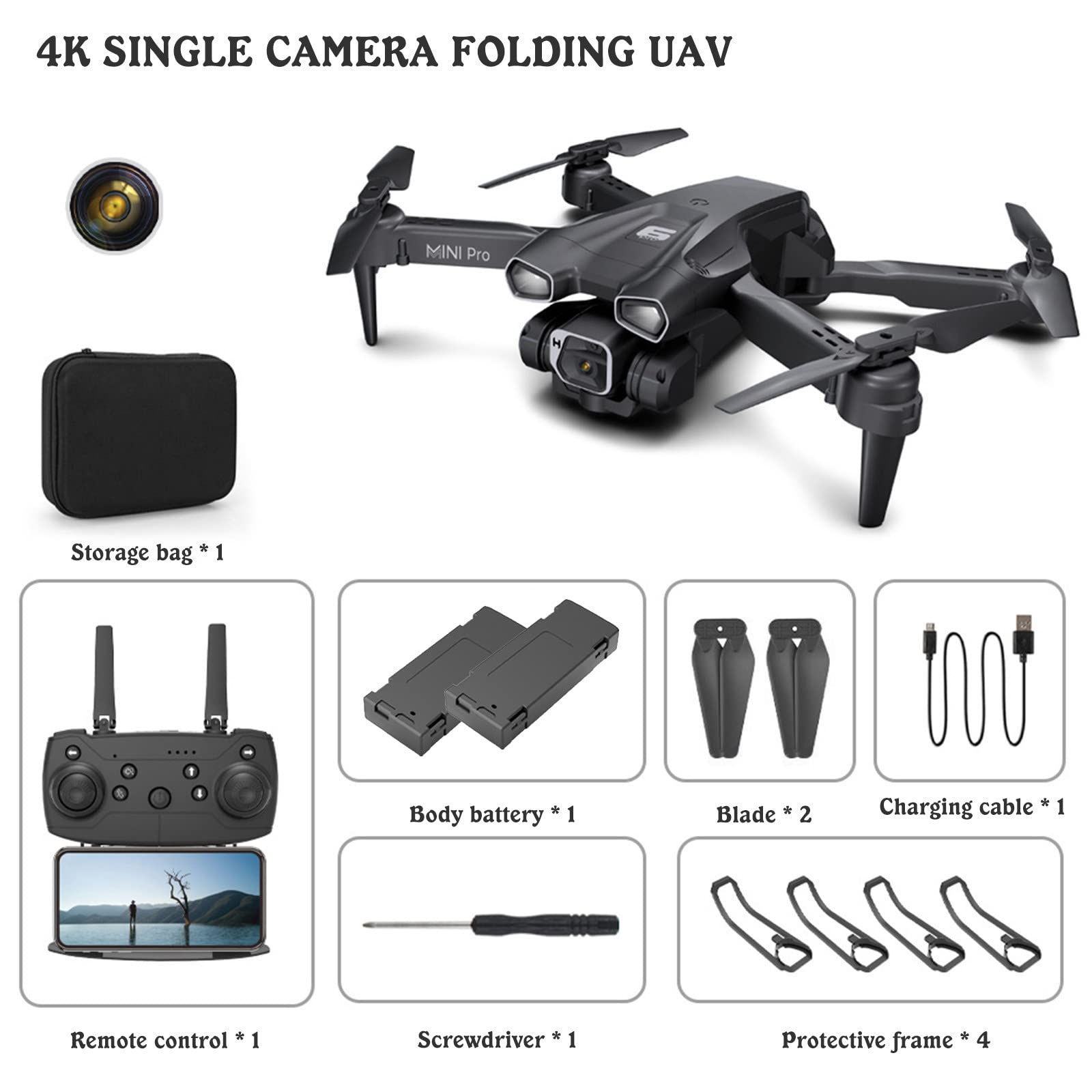 New H66 Aerial Drone, 4k Professional Hd Camera Drone For Adult, Long Endurance Folding Remote Control Aircraft With Wifi Fpv Live Video, Single Lens With Storage Bag, Trajectory Flight, App Control (Black B)