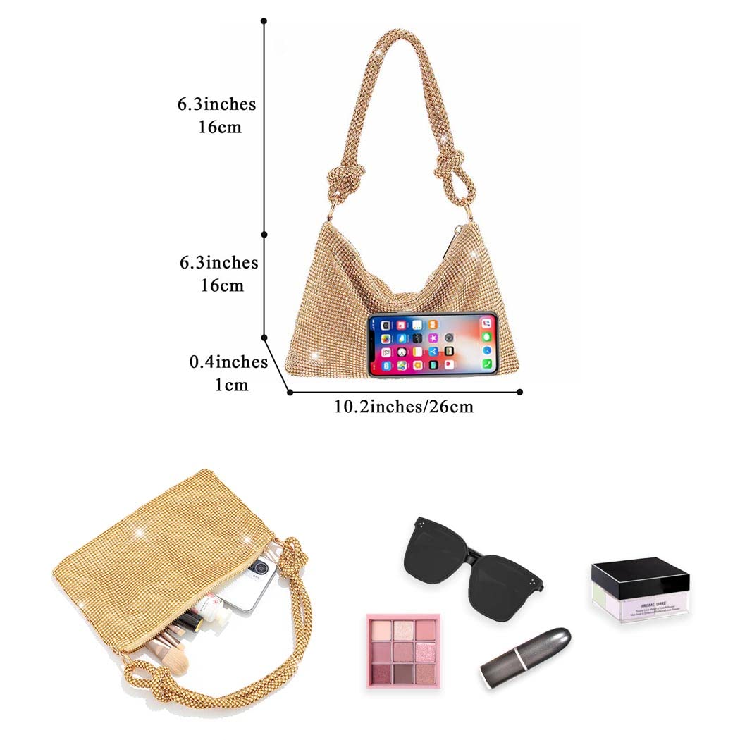 Yokawe Rhinestone Purses for Women Evening Bag Sparkly Hobo Bag Silver Handbag Vacation Club Party Wedding Clutch (Gold)