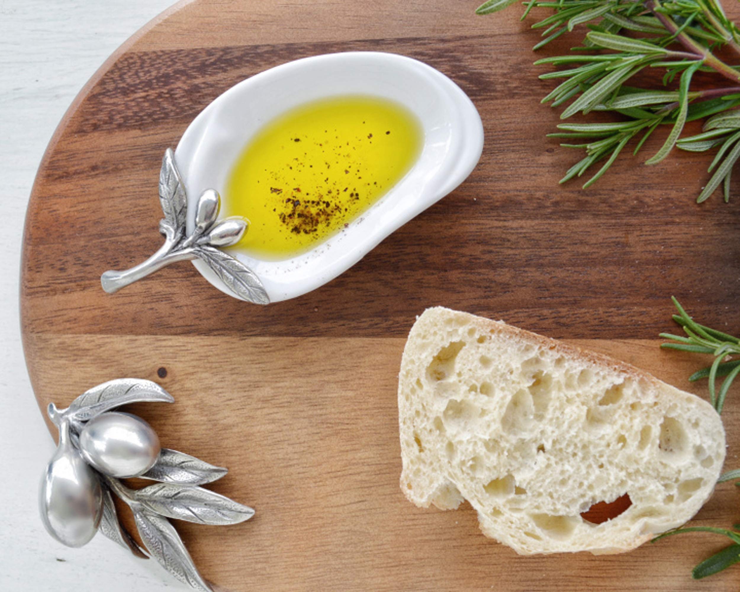 Vagabond House Porcelain Olive/Jam/Oil/Vinegar Server and Spoon Rest with Solid Pewter "Olive Branch" Accent 4.5 inch Long x 2.5 inch Wide