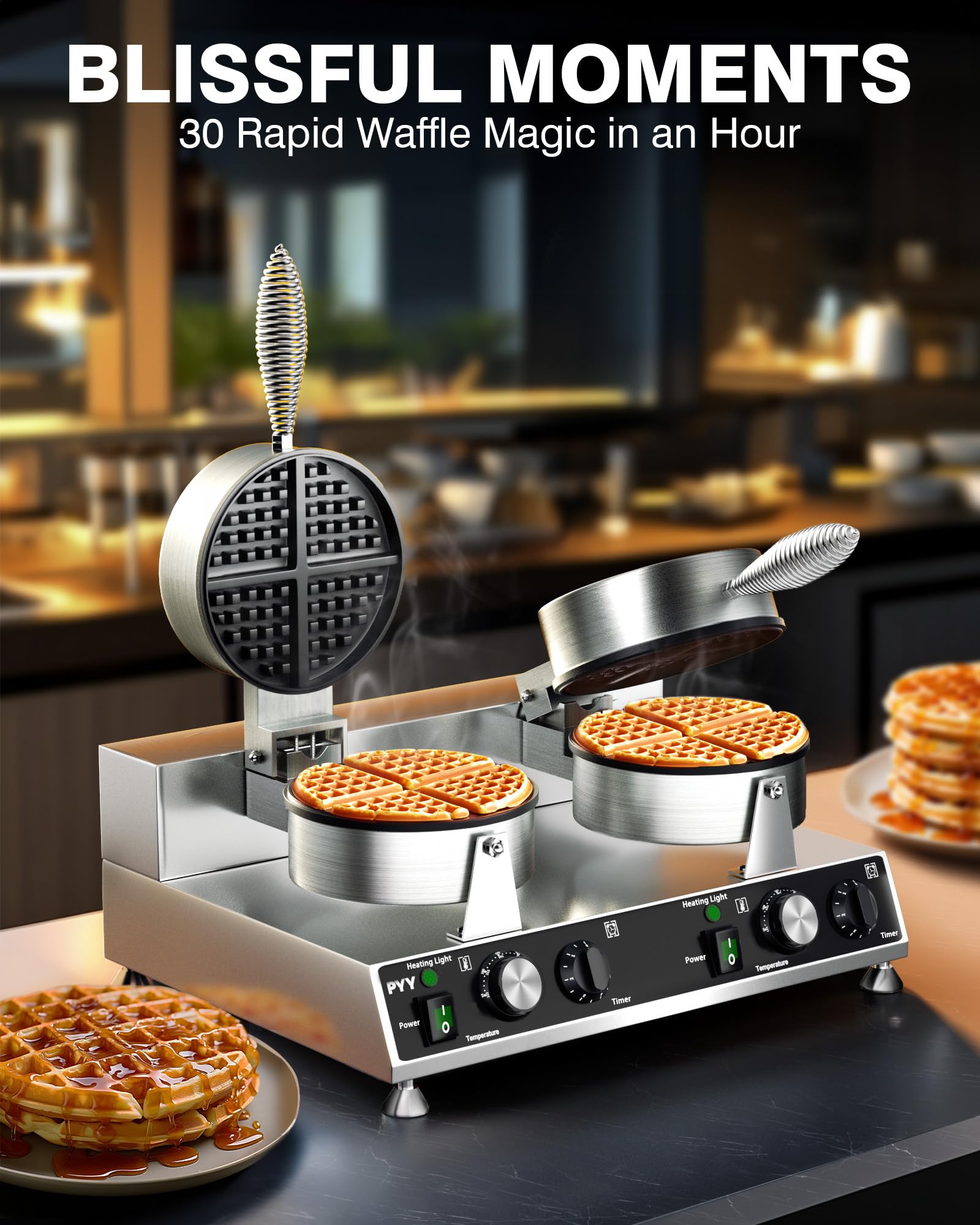 PYY Commercial Waffle Maker Double Waffle Maker Large Stainless Steel Waffle Maker Silver Non-stick Electric Chaffle Maker for Restaurant Party Food Stall (PYYHFLSZ-2SRUS01)