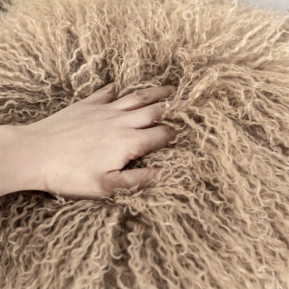 Seek4comfortable Mongolian Tibetan Lamb Fur Wool Rectangular Throw Pillow Cushion,Khaki - 12" x 20"