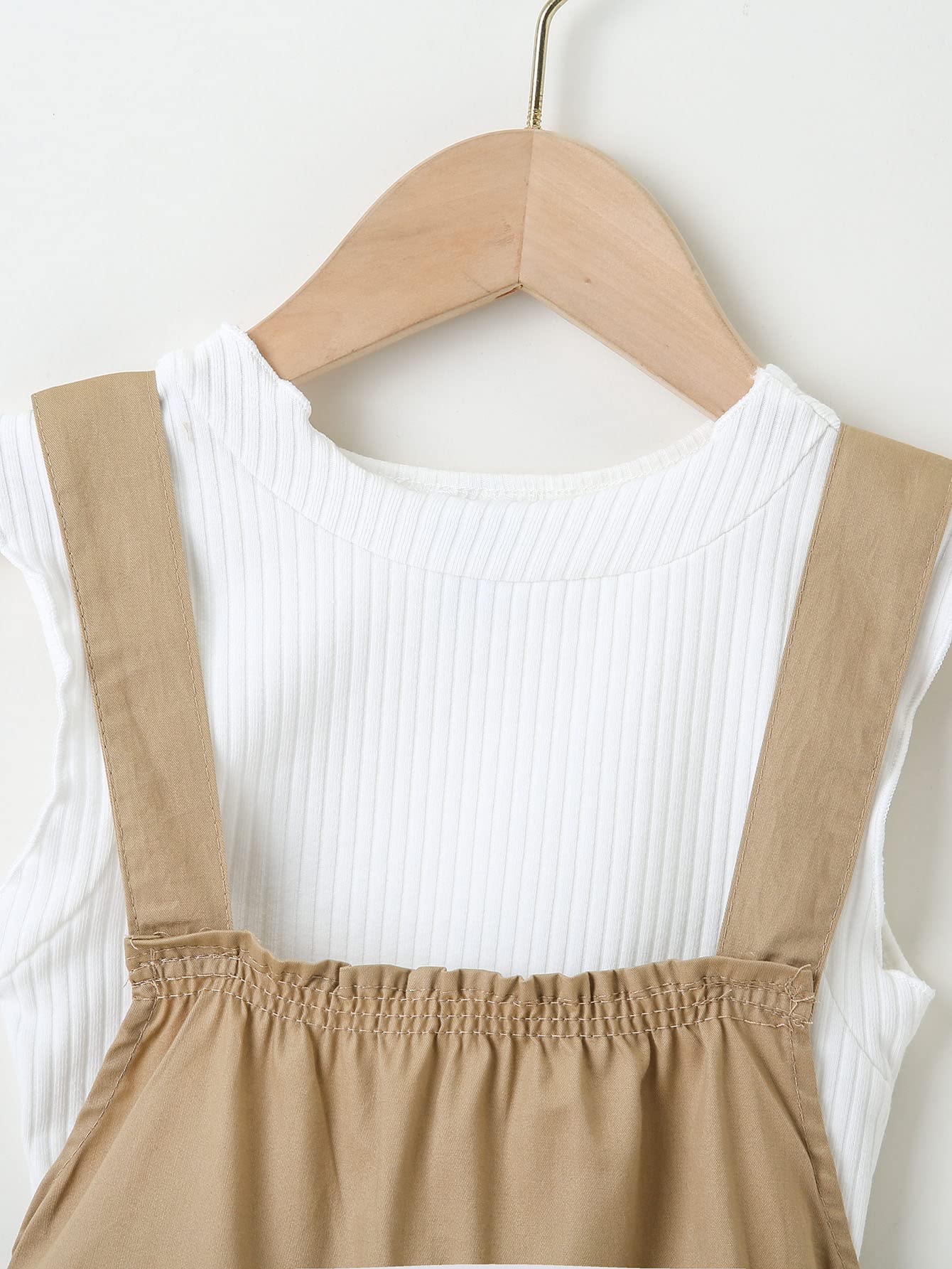 OYOANGLE Girl's Summer Casual 2 Pieces Pants Set Ribbed Tank Top and Overall Jumpsuit Set Khaki and White 150