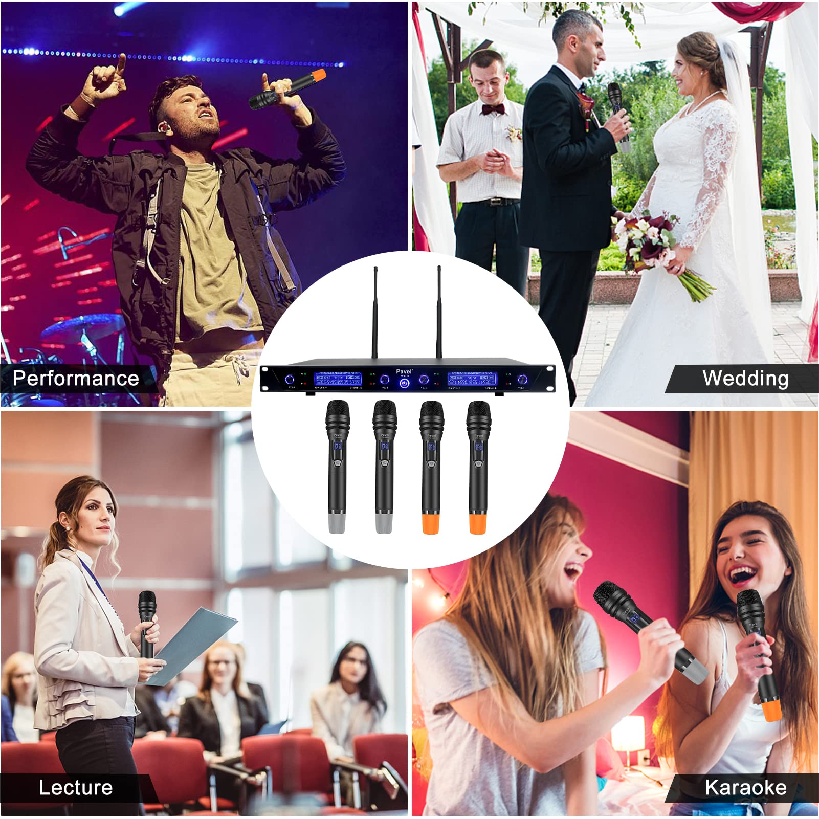 Wireless Microphone System, Pro Quad Channels UHF Karaoke Microphone Wireless, Auto Scan, Adjustable Frequency, 328ft Range, Wireless Mic for Church, Karaoke, Singing, Wedding, Speech, DJ, Outdoor