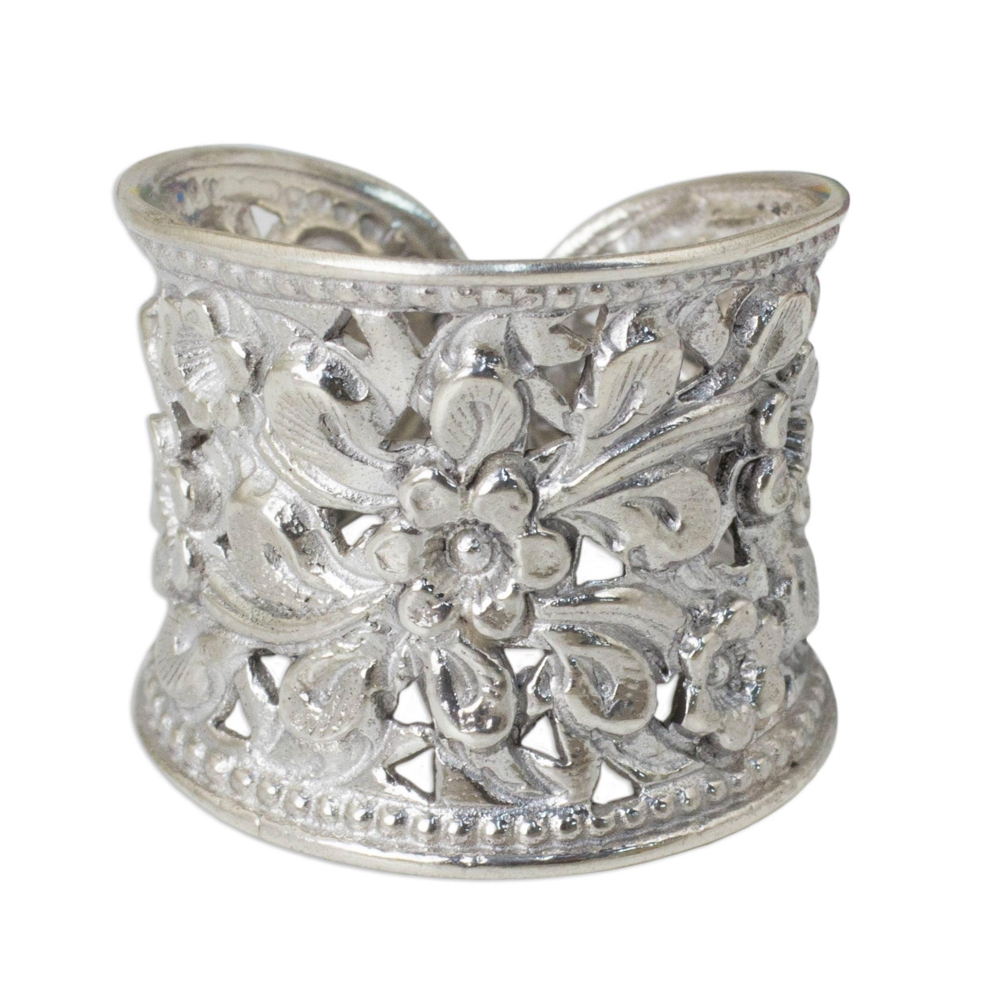 NOVICA Artisan Handmade .925 Sterling Silver Flower Ring Floral Band from Thailand No Stone 'Mae Ping Jasmine'