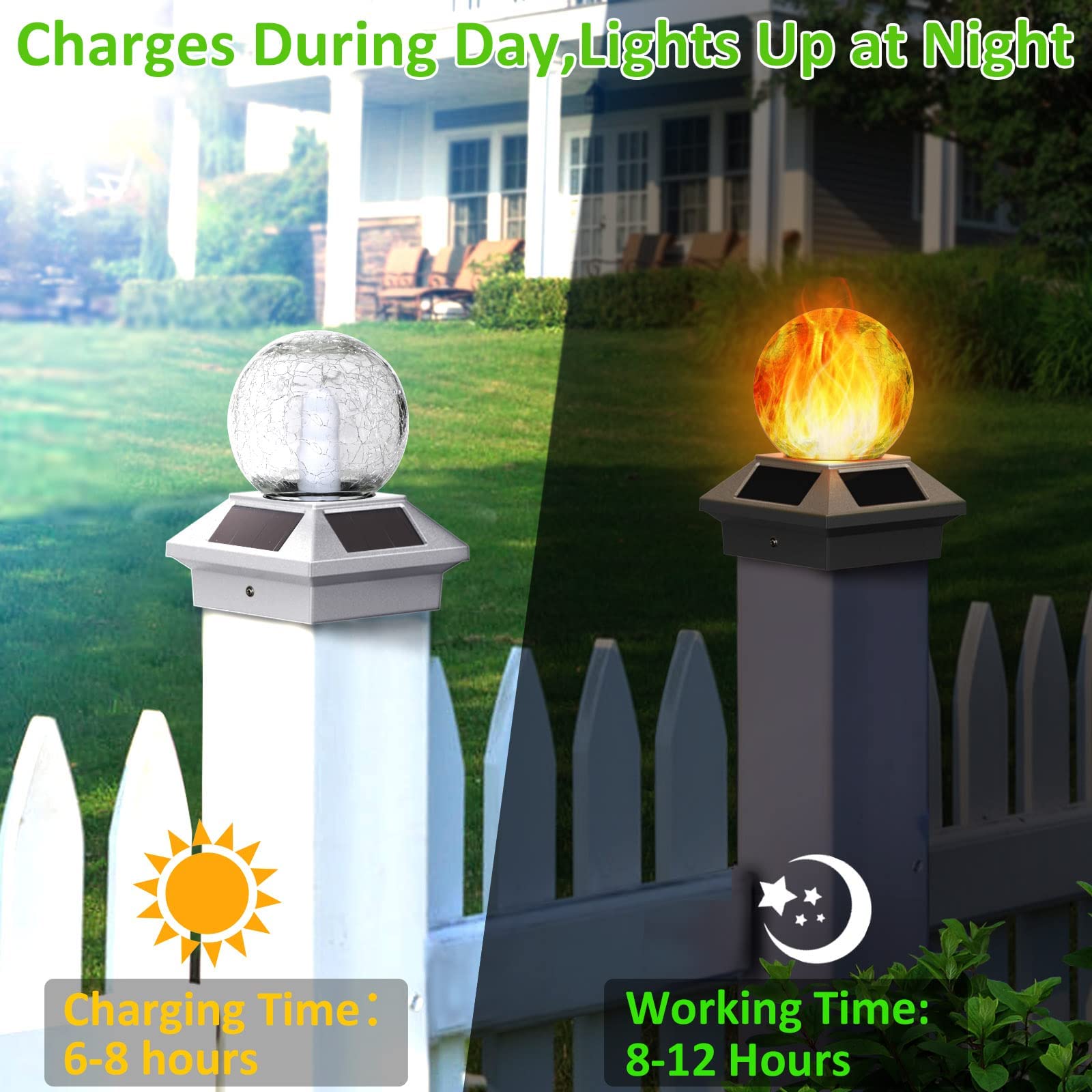 Solar Fence Post Cap Light,Solar Post Flame Lights Outdoor Cap Lights 4 Pack for Mailbox,Deck or Patio,Waterproof Outdoor Cap Lamp Post Fits 4X4, Wooden Posts or 3.5X3.5 Vinyl/PVC Fence Posts