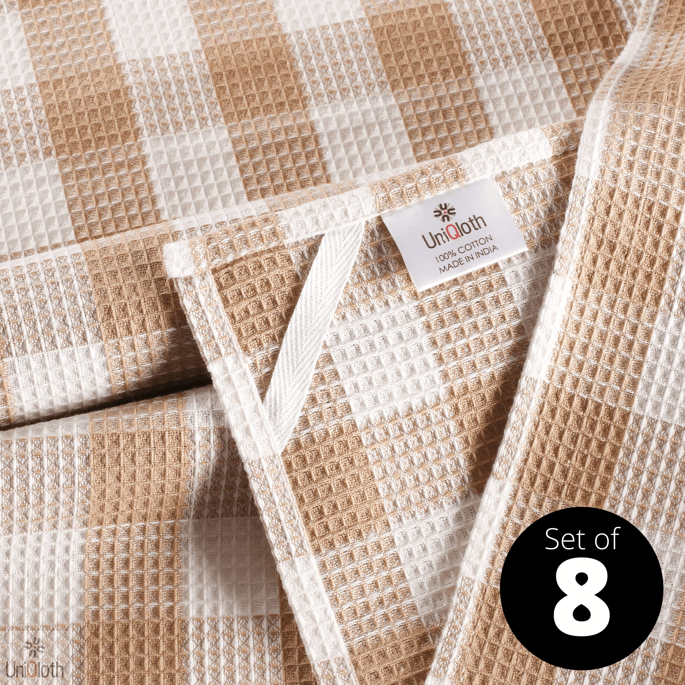UniQloth 8 Pack Buffalo Plaid Waffle Kitchen Dish Towels 100% Cotton - Farmhouse Kitchen Towels Hanging - Soft Absorbent Quick Drying Durable Reusable Hand Towels for Kitchen 16x26 Grey