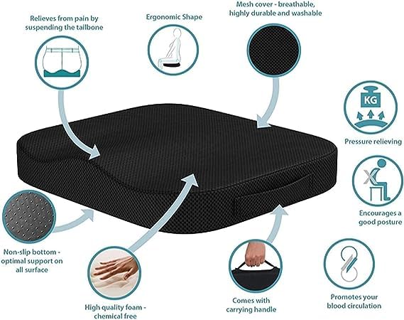 Seat Cushions for Office Chairs,Portable Memory Foam Seat Cushion for Coccyx Non Slip Bottom with Carry Handle,Washable Cover (Black)