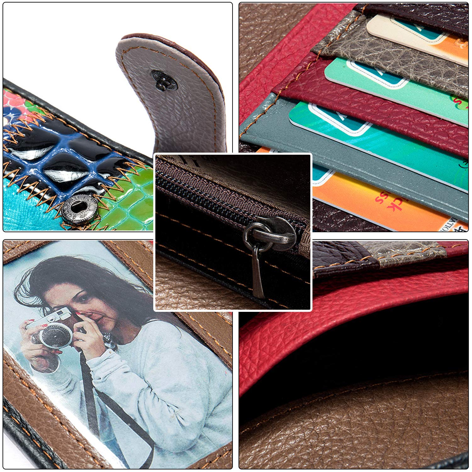 Segater® Women Multicolor Wallets Genuine Leather Card Holder Organizer Purses Model Stitching Bag Wallet with Flap Phone Clutch Large Long Purse