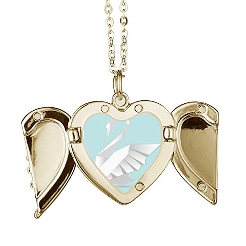 White Swan Pattern Folded Wings Peach Heart Pendant Necklace