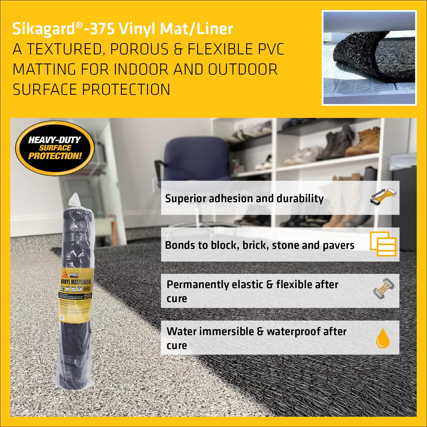 Sikagard-375 Vinyl mesh and Heavy-Duty Utility mat - Black - Flexible Scraper mat - drainable - Impact and Weather Resistant - 3x4 ft.