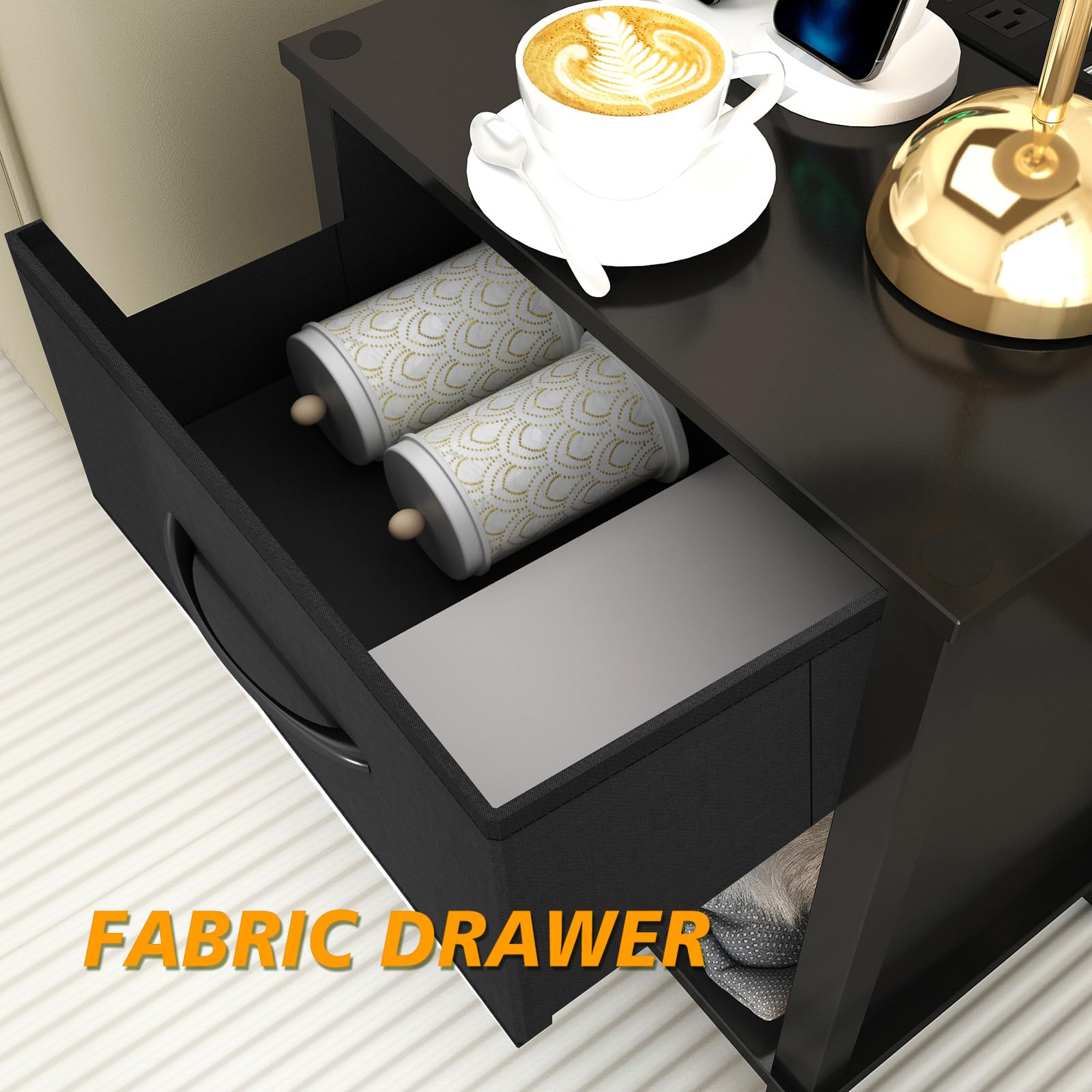 Nightstand Set of 2, End Table with Drawers, Bed Side Table, End Table, Modern Nightstand for Living Room, Black CTG68BB-2