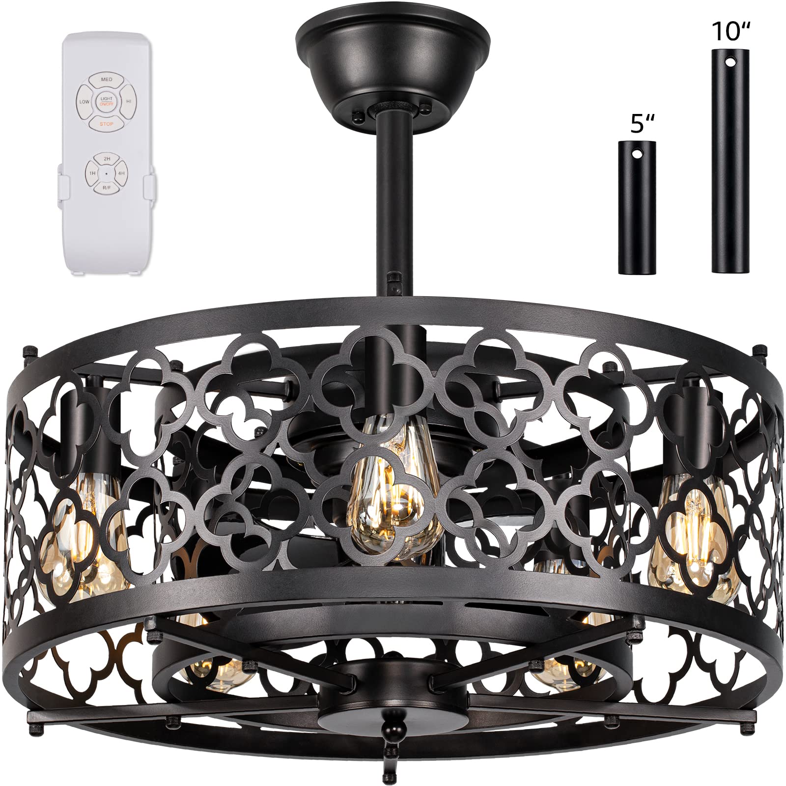 SUNVIE Caged Ceiling Fan with Light 21in White Ceiling Fans with Lights and Remote Reversible Motor Industrial Bladeless Ceiling Fan Light Fixture for Bedroom Kitchen Living Room 5 × E26 Base(No Bulb)
