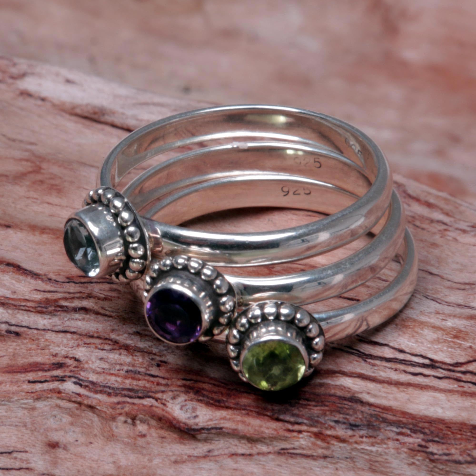 NOVICA Artisan Handmade Multigemstone Stacking Rings Sterling Silver Set of 3 Amethyst Blue Topaz Peridot Green Purple Multicolor Indonesia Modern Birthstone [crownbezel 0.2 in H x 0.2 in Diam. Band ]