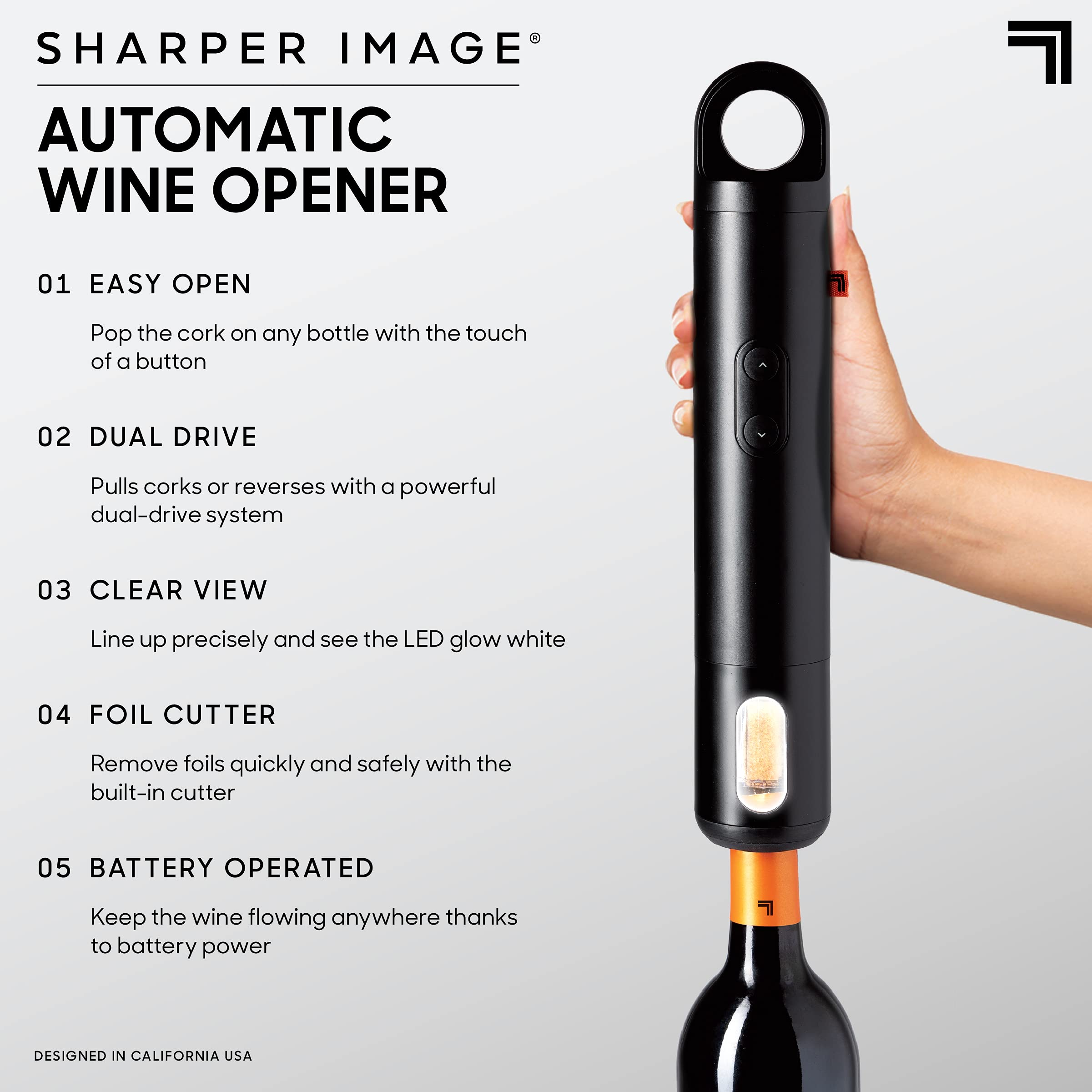 SHARPER IMAGE Automatic Wine Bottle Opener Included Foil Cutter, Battery Operated, Fits All Standard Wine Bottles, Innovative Control with Single Button, Perfect for Hosting Events & Parties